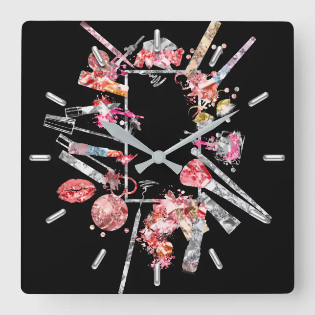 Kiss Lips Black Pink Rose Gold Makeup Beauty Square Wall Clock | Zazzle