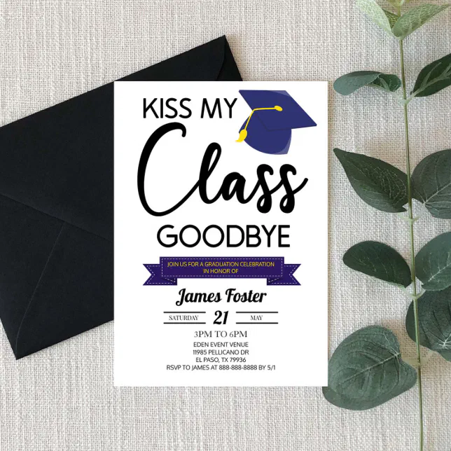 Kiss My Class Goodbye Blue Black Graduation Invitation | Zazzle