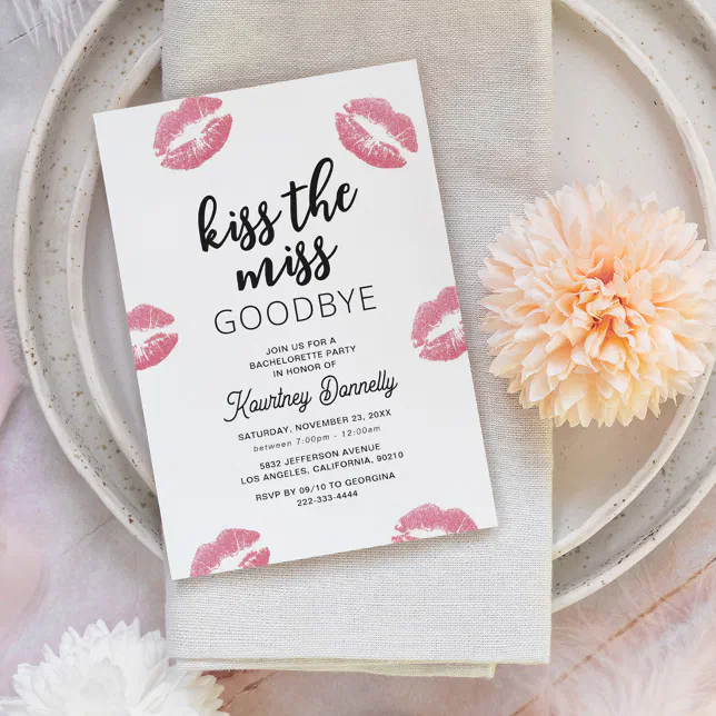 Kiss The Miss Goodbye Bachelorette Party Invitation | Zazzle
