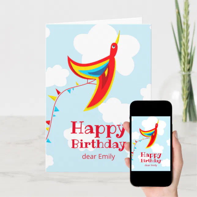 Kite Bird Fun Cute Happy Birthday Kids Card | Zazzle