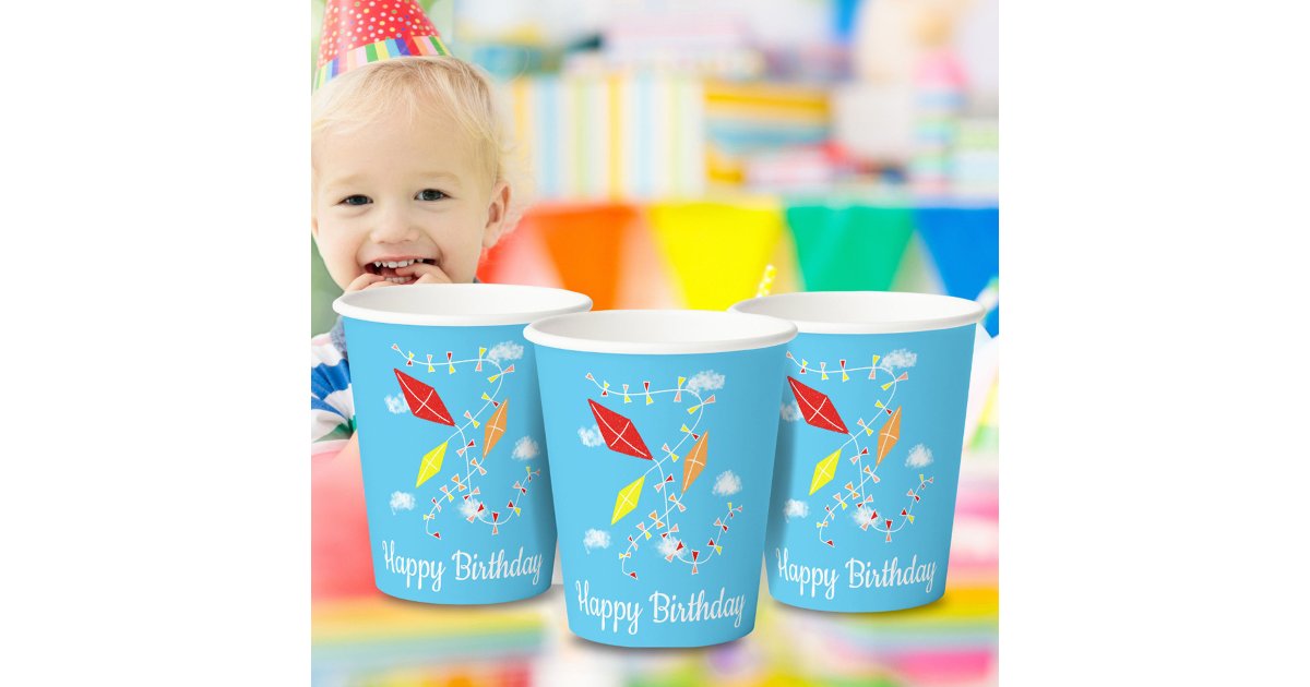 Kites in Blue Sky Kids Birthday Party Paper Cups | Zazzle