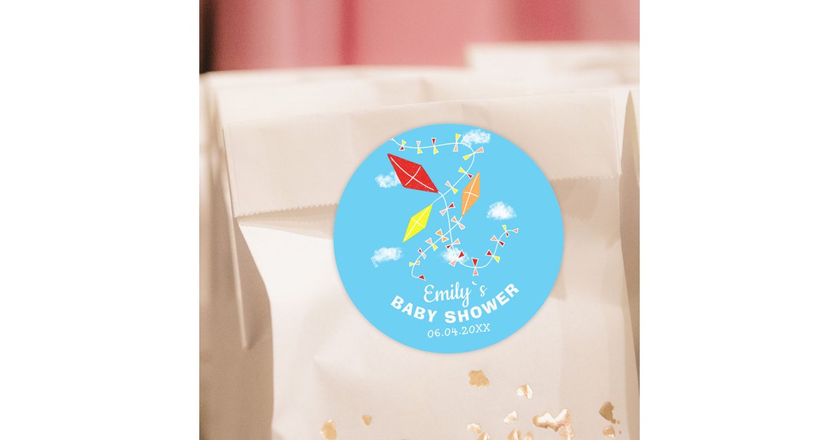 Kites in Sky Blue Boy Baby Shower Classic Round Sticker | Zazzle