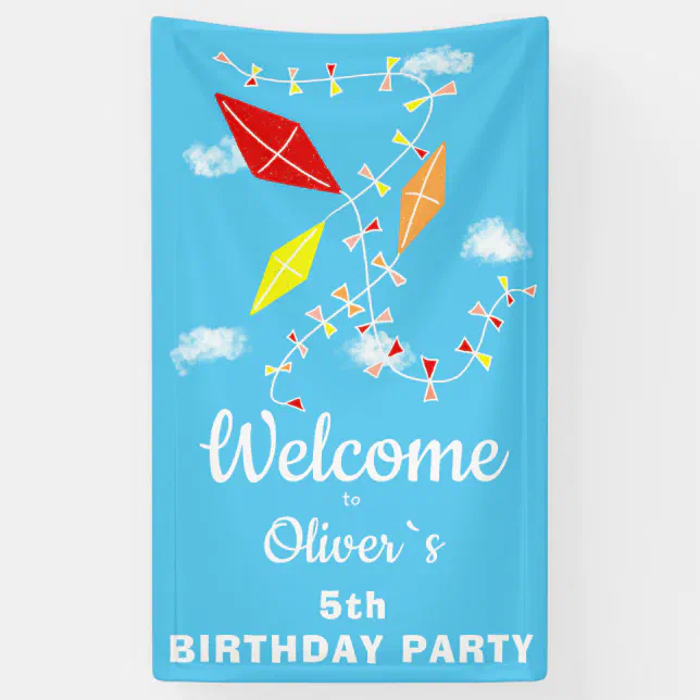 Kites in Sky Blue Kids Birthday Party Welcome Banner | Zazzle