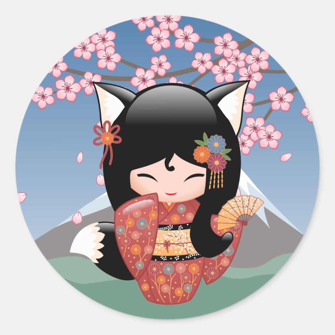 Kitsune Kokeshi Doll - Black Fox Geisha Girl Classic Round Sticker | Zazzle