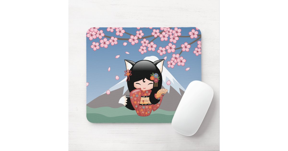 Kitsune Kokeshi Doll - Black Fox Geisha Girl Mouse Pad | Zazzle