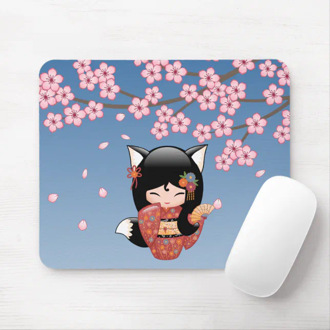 Kitsune Kokeshi Doll - Black Fox Geisha Girl Mouse Pad | Zazzle