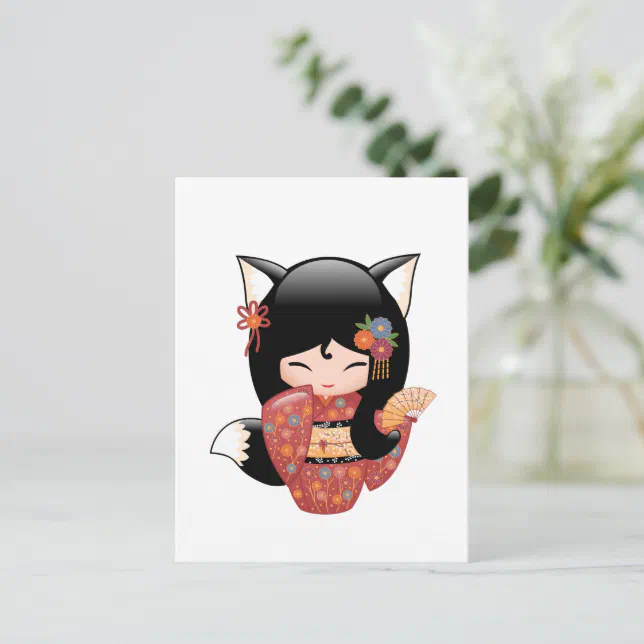 Kitsune Kokeshi Doll - Black Fox Geisha Girl Postcard | Zazzle
