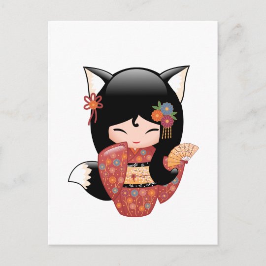 Kitsune Kokeshi Doll - Black Fox Geisha Girl Postcard | Zazzle.com