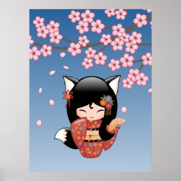 Kitsune Kokeshi Doll - Black Fox Geisha Girl Poster | Zazzle