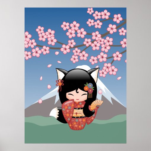 Kitsune Kokeshi Doll - Black Fox Geisha Girl Poster | Zazzle