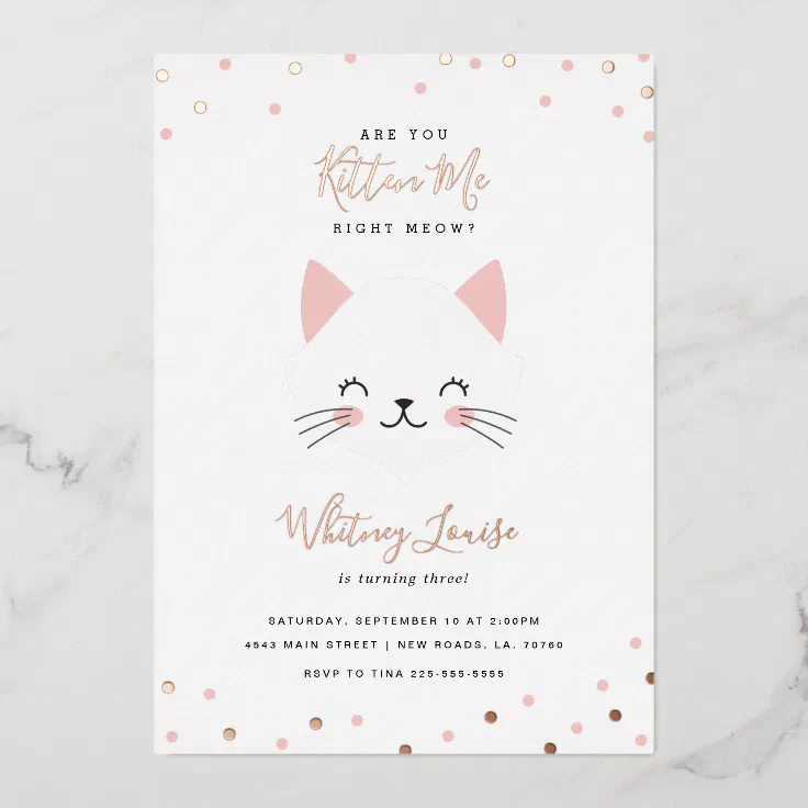 Kitten Birthday Party Foil Invitation | Zazzle