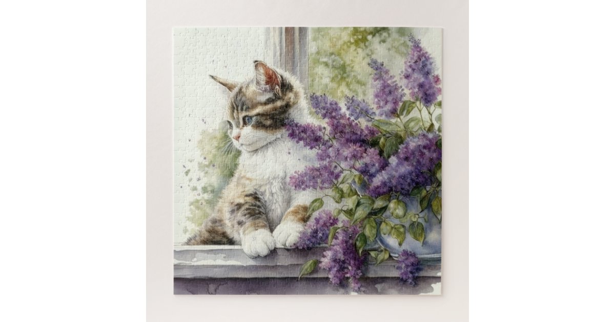 Kitten Cat Lavender Flowers Window Sunlight Jigsaw Puzzle | Zazzle