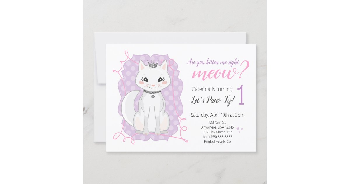 Kitten Meow Birthday Invitation | Pink and Purple | Zazzle