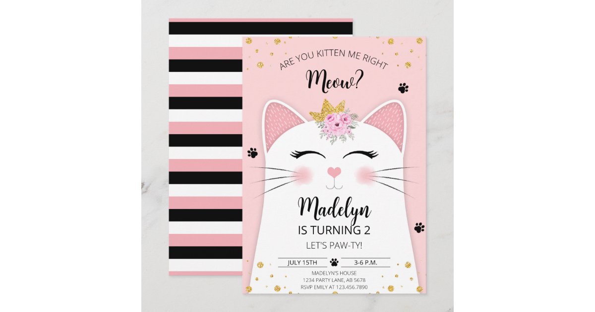 Kitten Meow Birthday Pink Invitation | Zazzle
