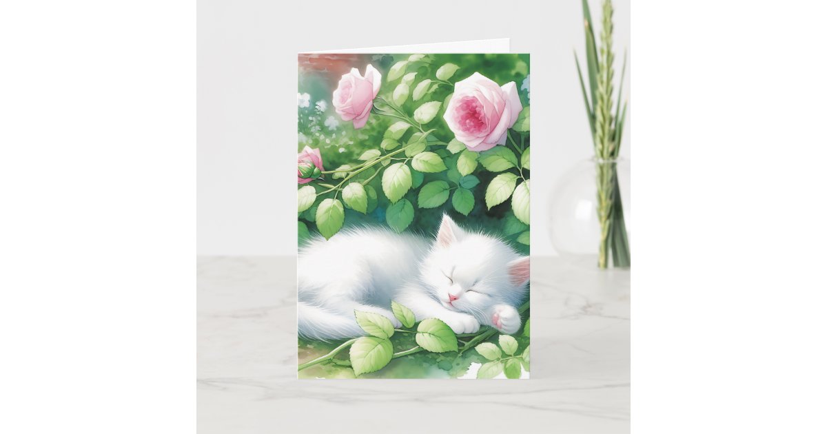 Kitten Napping Under Rosebush Birthday Card | Zazzle
