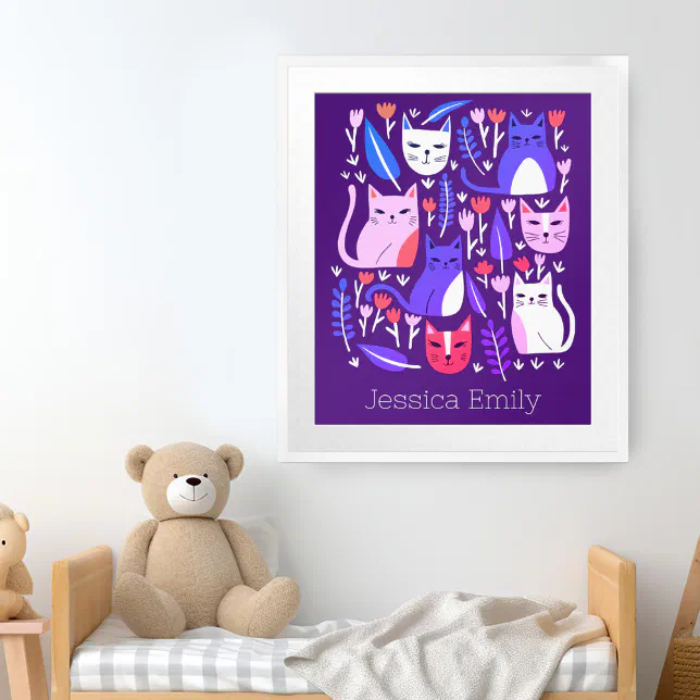 Kittens and Tulips Cute Cats CUSTOM BABY NAME Art Poster | Zazzle
