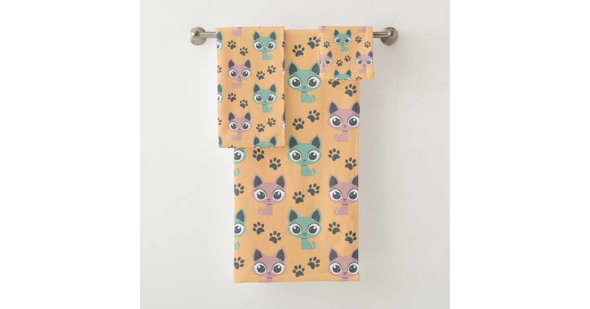 Kittens Cute Adorable Feline Cats Big Eyes Pattern Bath Towel Set | Zazzle