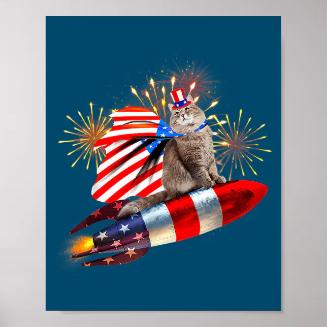 Kitty Cat 4th Of July Rocket With Fireworks USA Poster | Zazzle