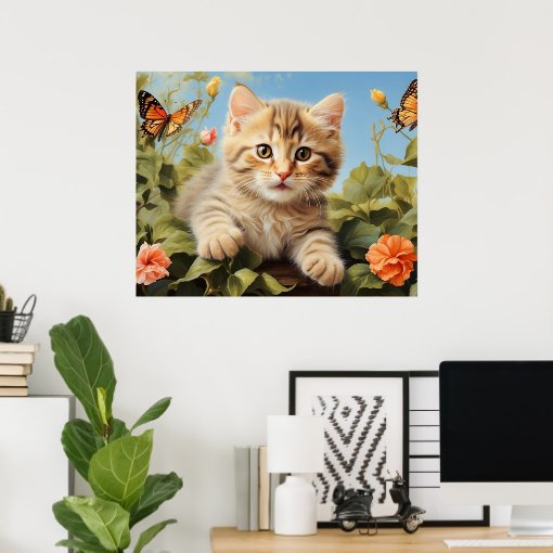 Kitty Cat 5:4 Kitten Butterfly Flowers AP68 Poster | Zazzle