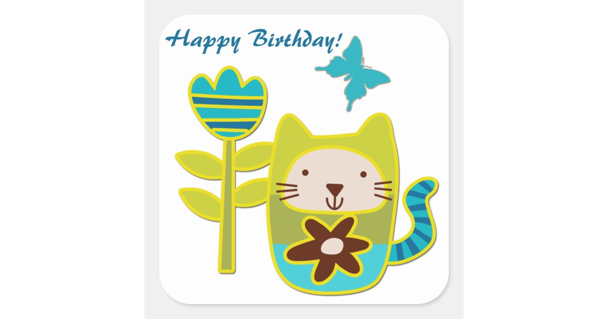 Kitty Cat Birthday Square Sticker | Zazzle