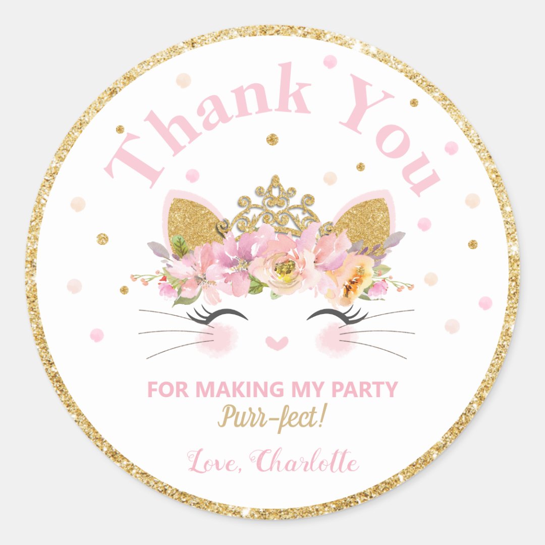 Kitty Cat Birthday Thank You Sticker Favors Labels | Zazzle