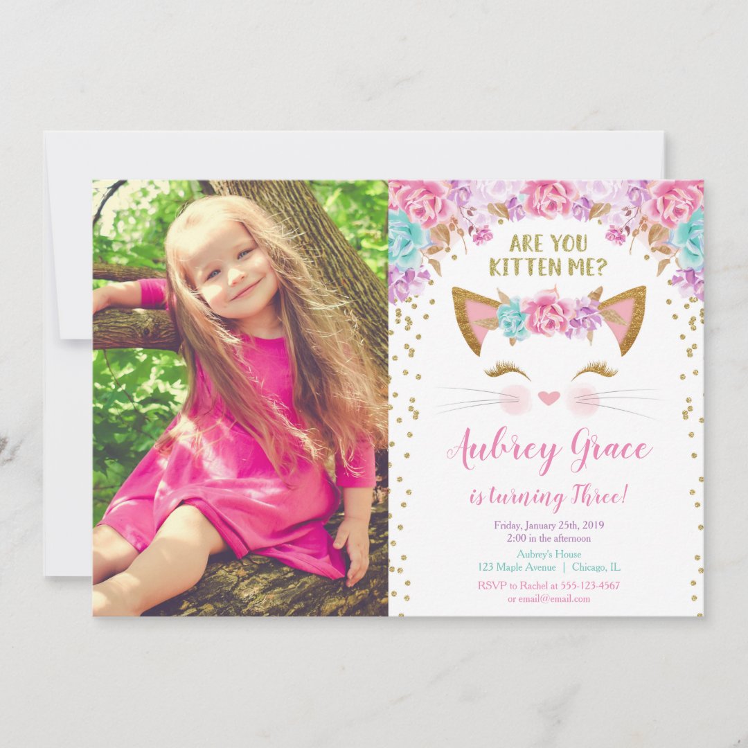 Kitty cat kitten pink gold glitter birthday photo invitation | Zazzle