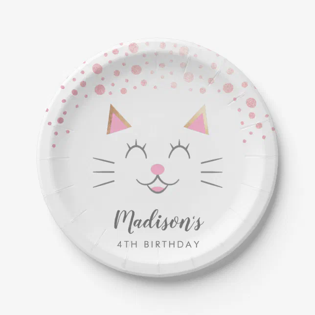 Kitty Cat Pink Gold Birthday Party Paper Plates | Zazzle