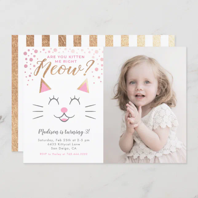 Kitty Cat Pink Gold Birthday Party Photo Invitation | Zazzle