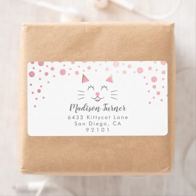 Kitty Cat Pink Gold Glitter Return Address Label | Zazzle