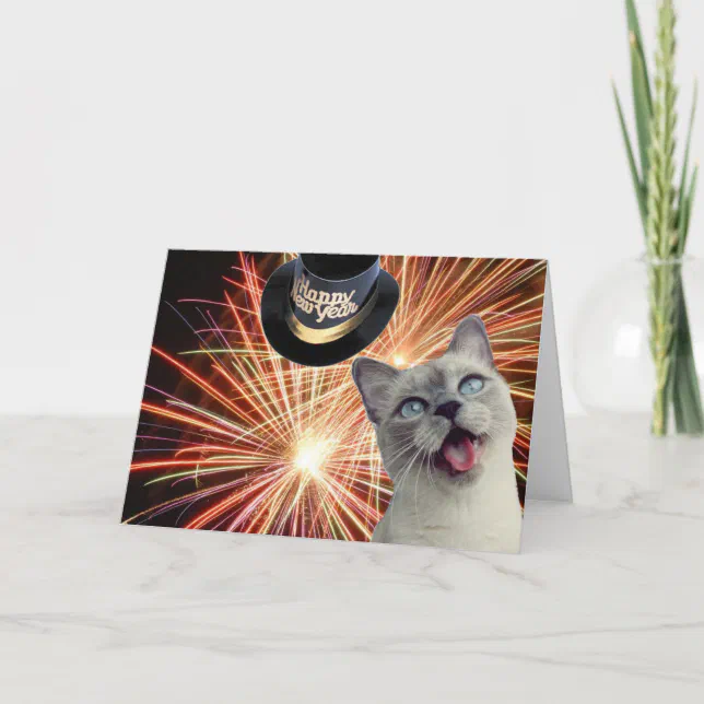 Kitty with fireworks holiday card | Zazzle