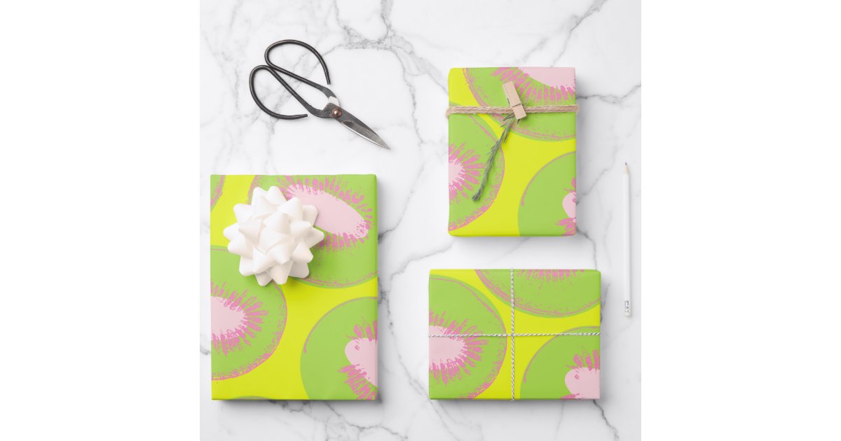 Kiwi Pop Art Fruit Pattern in Chartreuse and Pink Wrapping Paper Sheets ...