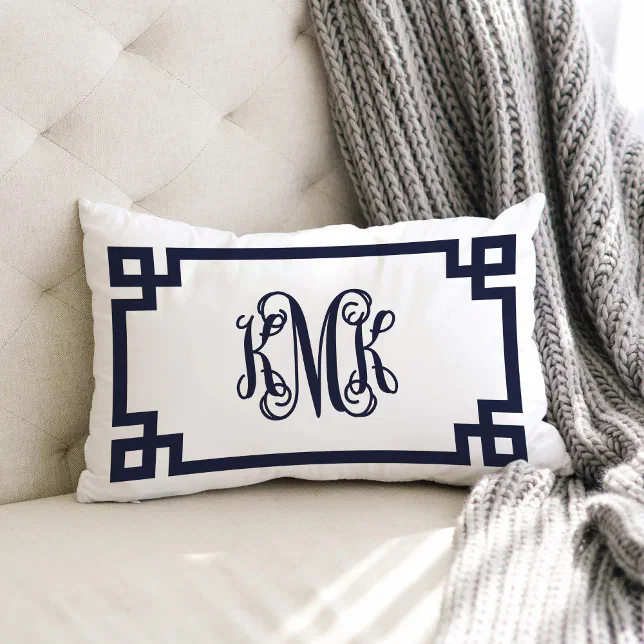 KMK Navy and White Greek Key Script Monogram Lumbar Pillow | Zazzle