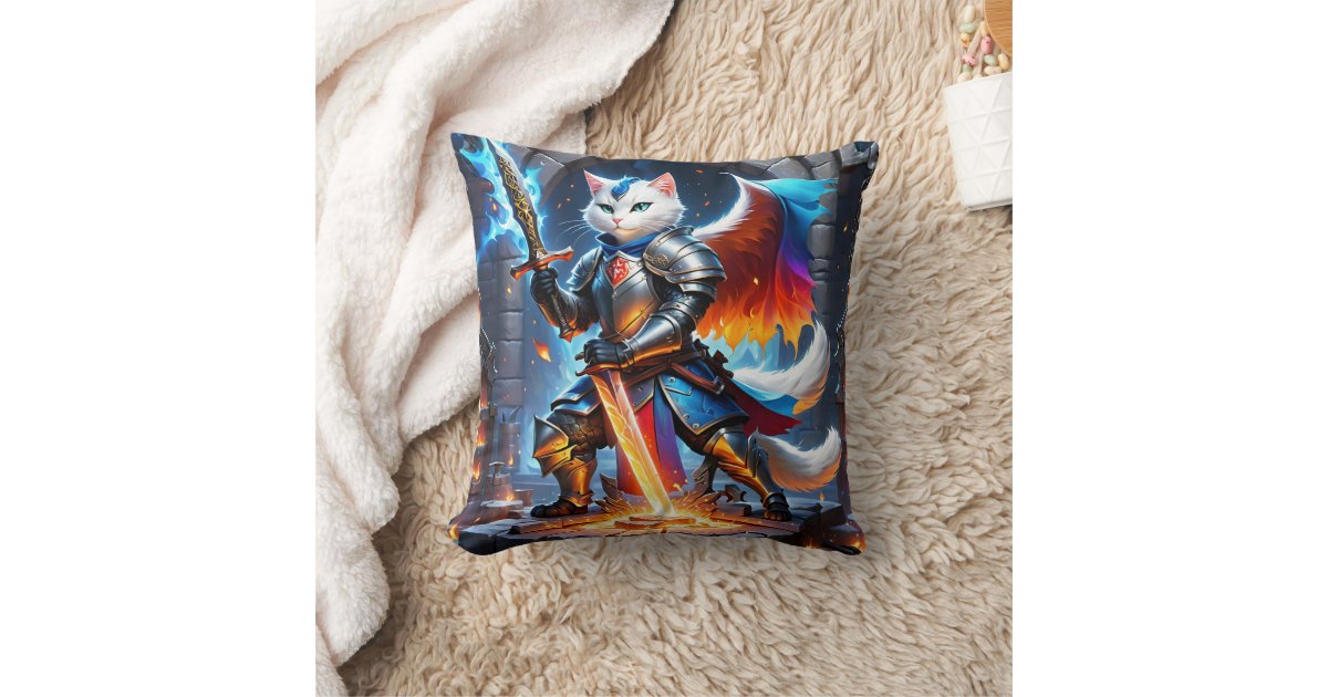 Knight Cat in Armor With Sword in Fantasy Setting Throw Pillow | Zazzle