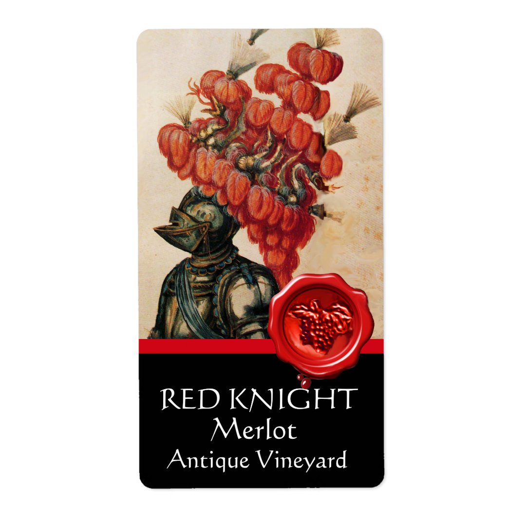KNIGHT HELMET WITH RED FEATHERS AND WAX SEAL Wine Label | Zazzle