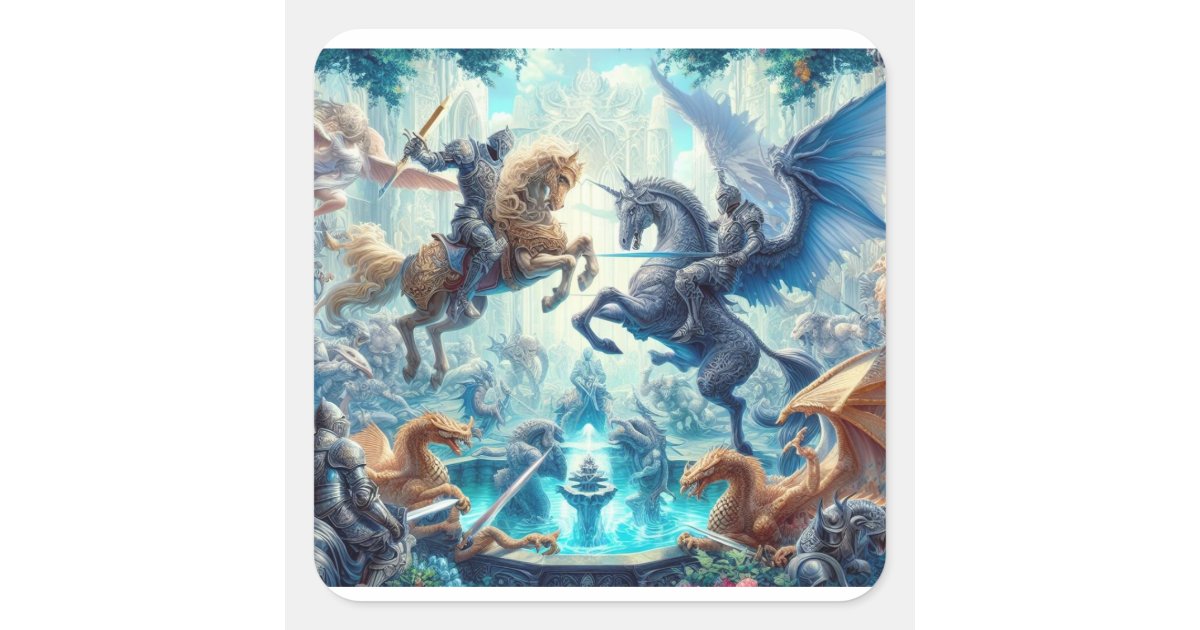 Knights battling mythical creatures square sticker | Zazzle