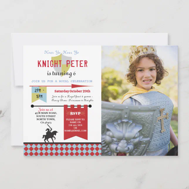 Knights Medieval Birthday Party Photo Red Invitation | Zazzle