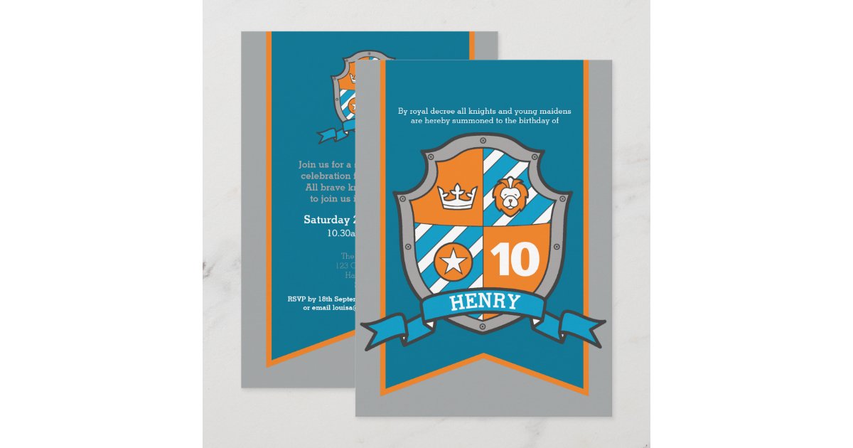 Knights medieval shield kids 10th birthday invites | Zazzle