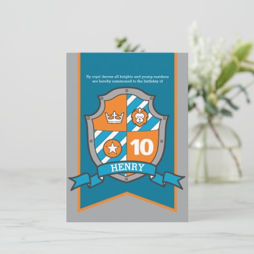 Knights medieval shield kids 10th birthday invites | Zazzle