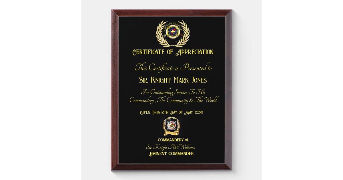 Knights Templar Certificate of appreciation Award Plaque | Zazzle