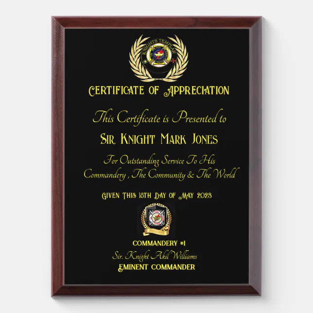 Knights Templar Certificate of appreciation Award Plaque | Zazzle