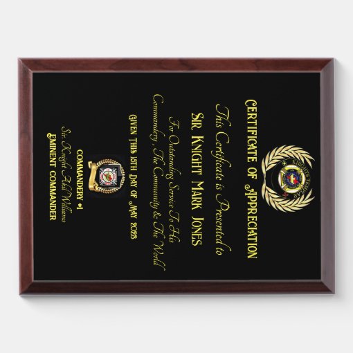 Knights Templar Certificate of appreciation Award Plaque | Zazzle