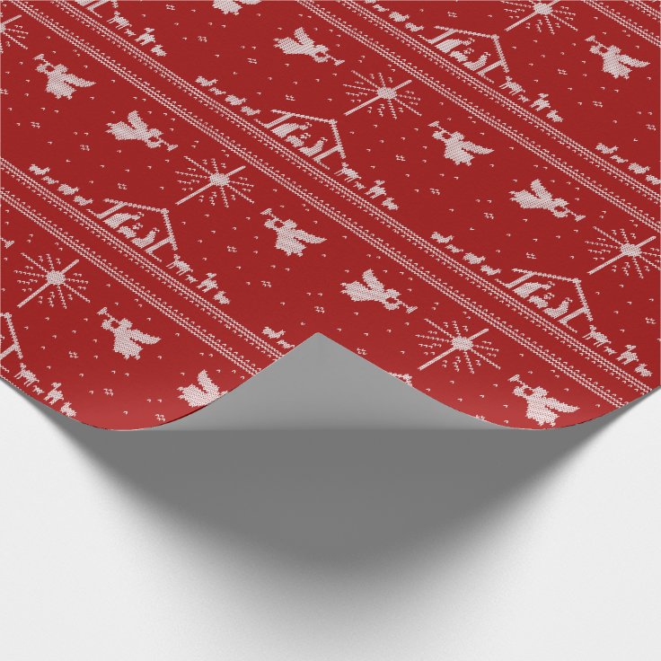 Knit Nativity Scene Christian Christmas Red White Wrapping Paper | Zazzle