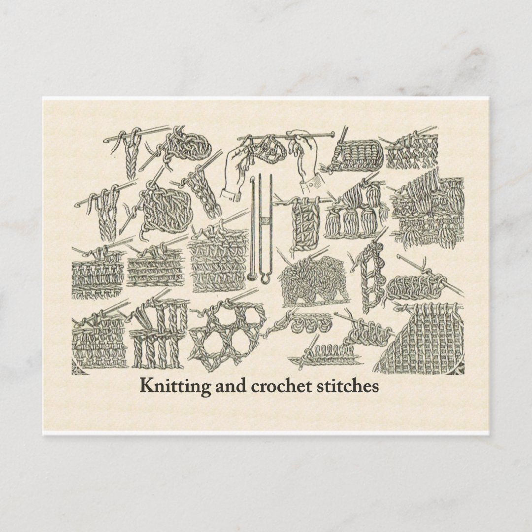 Knitting and crochet stitches postcard | Zazzle