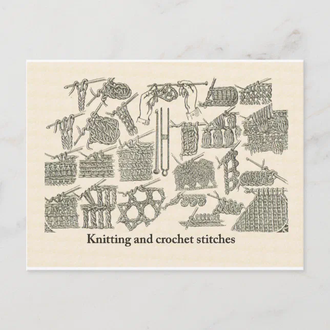 Knitting and crochet stitches postcard | Zazzle