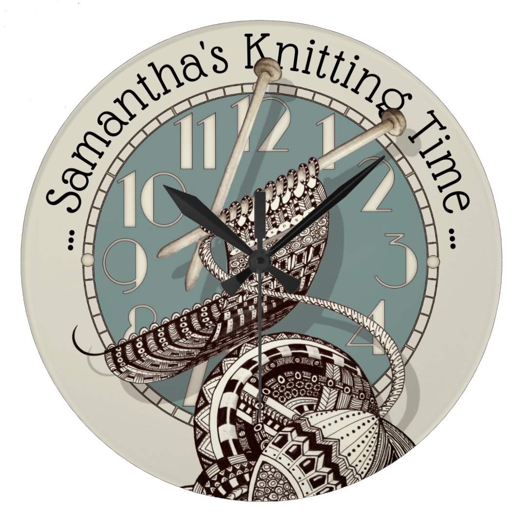 Knitting Time Doodle Art Illustration Large Clock | Zazzle