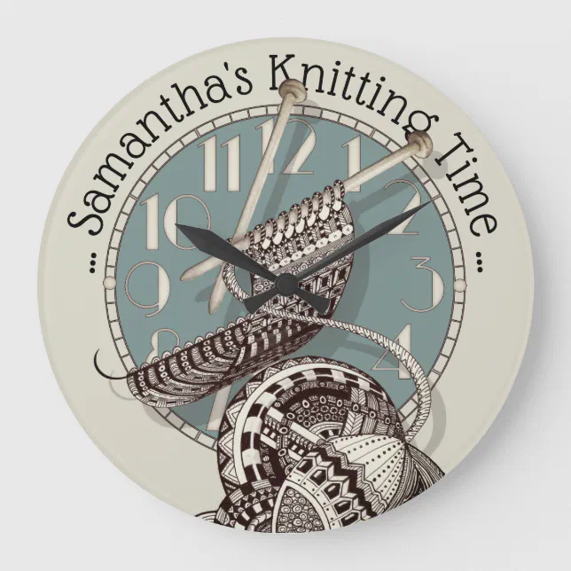 Knitting Time Doodle Art Illustration Large Clock | Zazzle