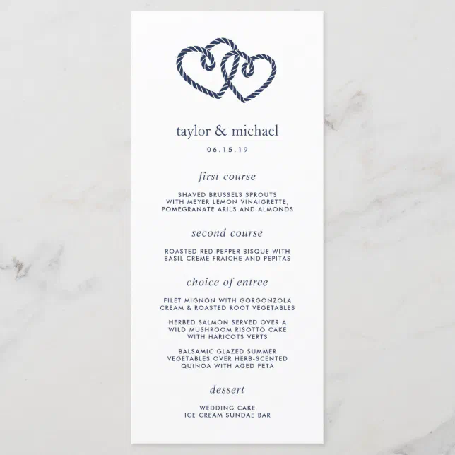 Knotted Hearts Wedding Menu Card | Zazzle