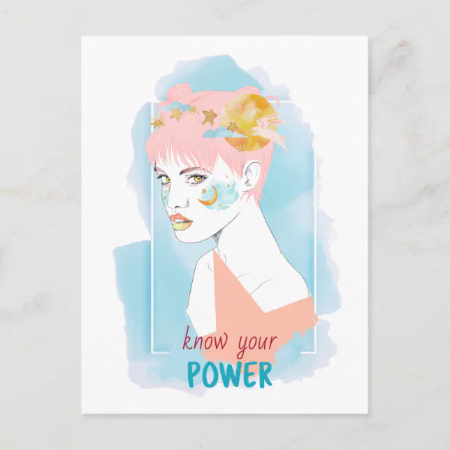 Know your power motivational quote girl face postcard | Zazzle