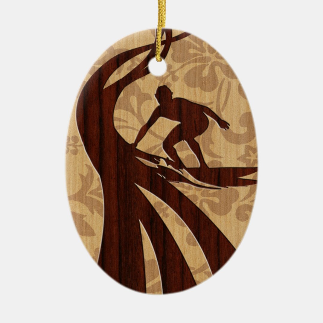 Koa Wood Surfer Surfboard Ceramic Ornament | Zazzle