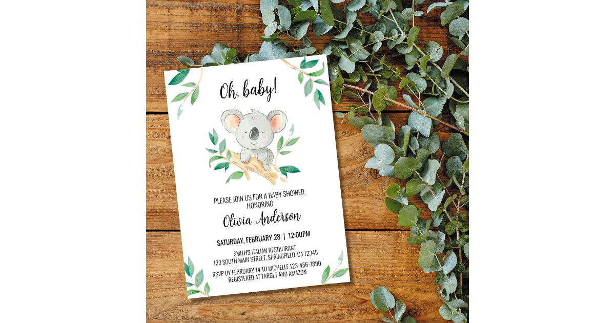 Koala Baby Shower Invitation, Watercolor Koala Invitation | Zazzle